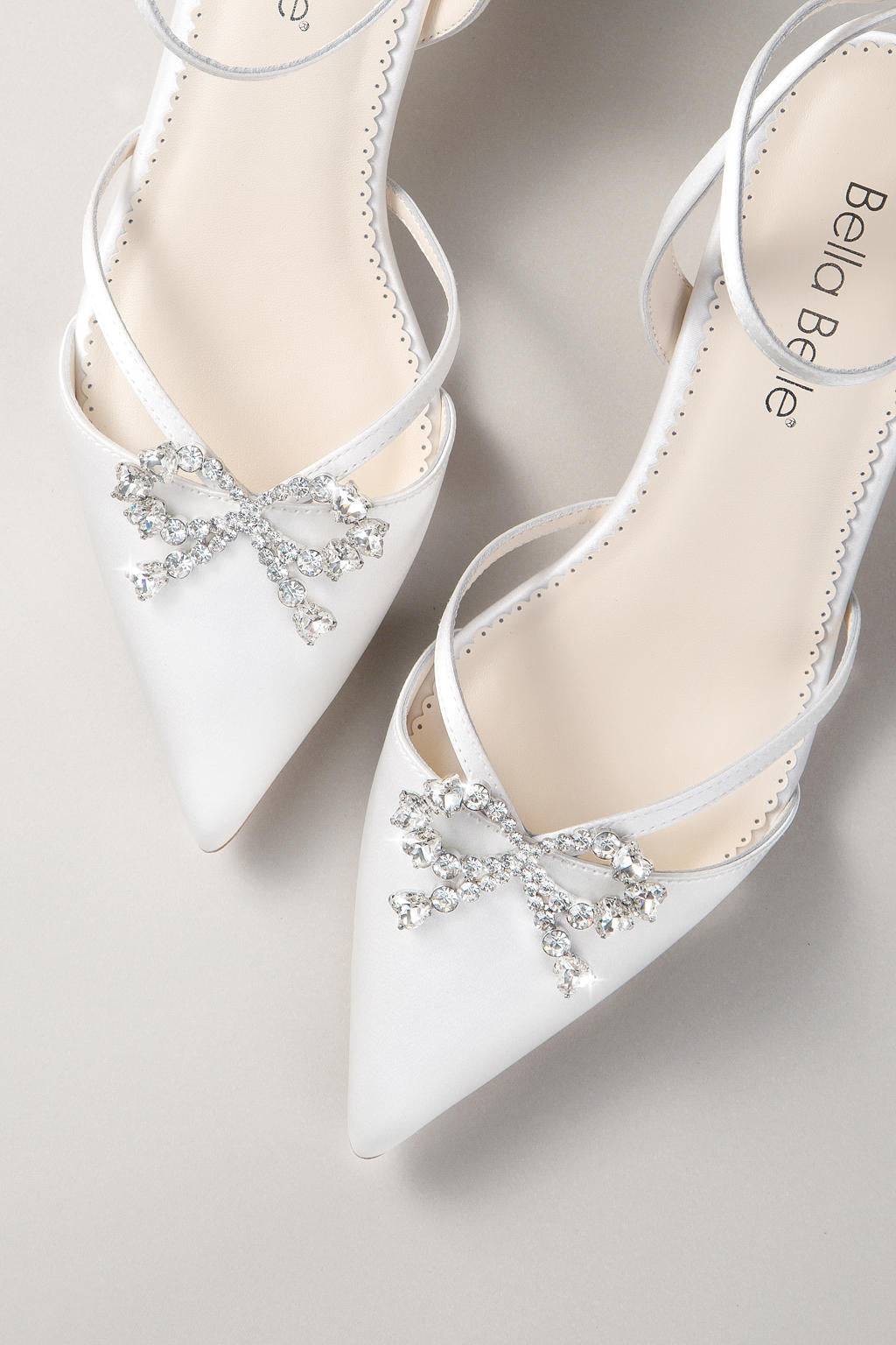 Bella Belle - Amira - Pointed Toe Ankle Strap Crystal Bow Heels - Ivory ...